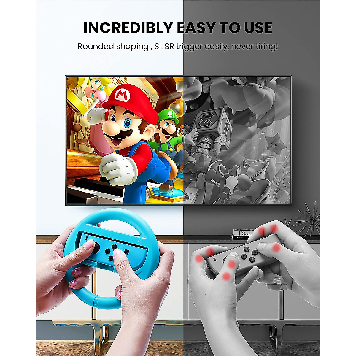 VOYEE Steering Wheel Compatible with Nintendo Switch Wheel, Family Use Accessories Compatible with Switch JoyCon Controllers, 2 Pack (Blue and Red)