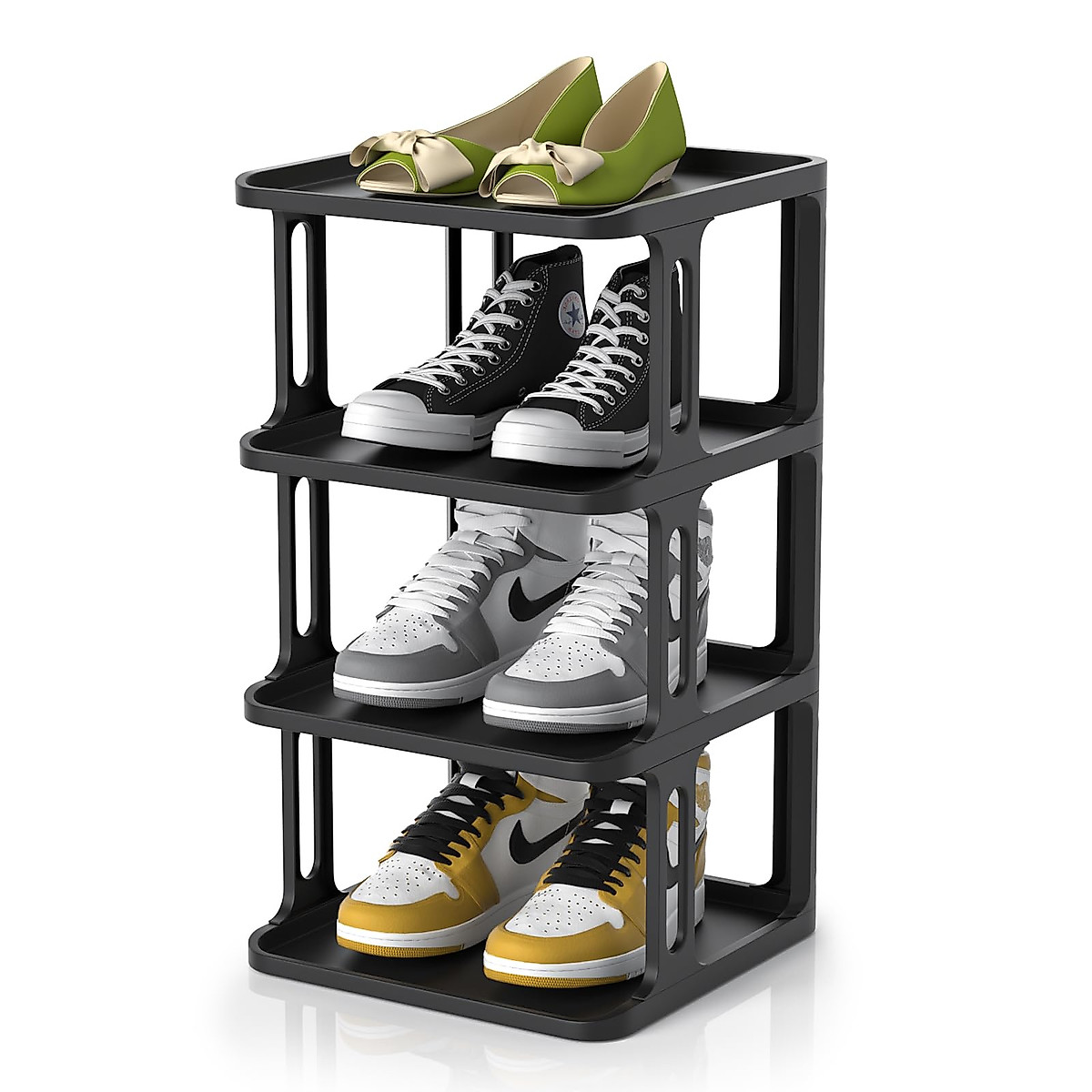 Small Shoe Rack for Closet - Free Standing Narrow Shoe Rack Organizer for Dedroom Dorm, Mini Stackable Shoe Rack Shelf for Entryway Garage Entrance, 4 Tier Vertical Black Shoe Cubby for Small Spaces