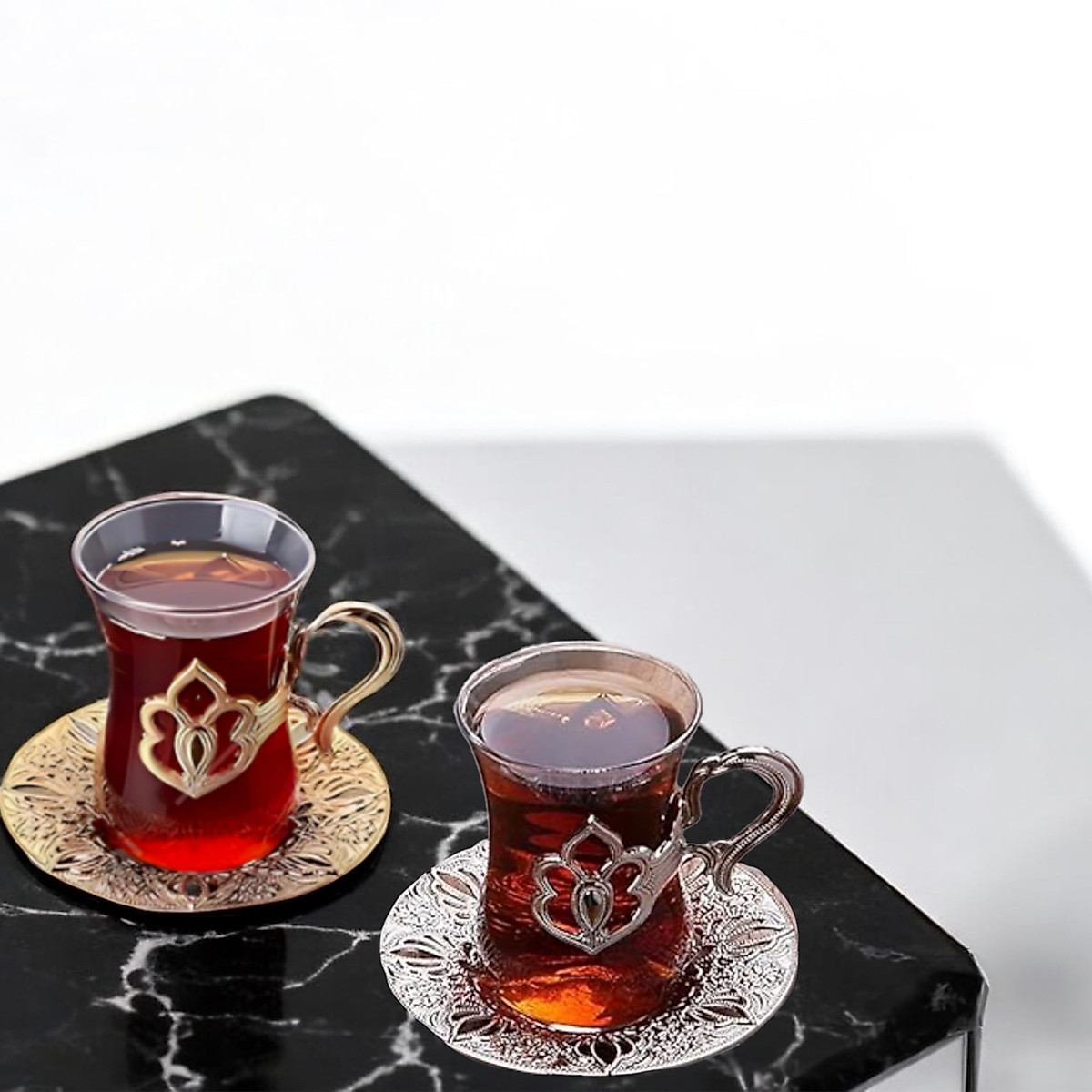 LaModaHome Vintage Handmade Turkish Tea Glasses with Saucer and Holders, Ottoman and Arabic Cups Set of 6 for Serving Guests, Teatime, Dinner, Housewarming Gifts, Events, Parties, Tableware - Gold