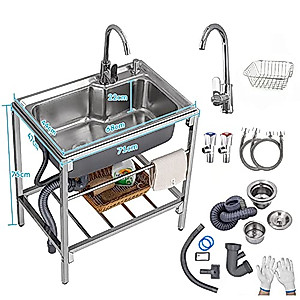 Stainless Steel Kitchen Sink With Bracket Commercial Restaurant Sink Set With Hot And Cold Faucet Large Single Bowl Sink For Laundry Room Rear Outdoor Garage