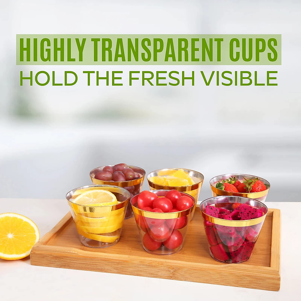 Tobvory 100 Pack Gold Rimmed Plastic Cups - 9 oz Hard Clear Plastic Cups, Premium Disposable Cups For Cocktail And Drinking - Food Grade Party Cups Set - Sturdy Plastic Tumbler Cups - Gold Rim