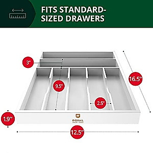 ROYAL CRAFT WOOD Luxury Bamboo Caddy Kitchen Drawer and Silverware Organizer, Utensil Holder and Cutlery Tray with Grooved Drawer Dividers for Flatware 7 Slot, White