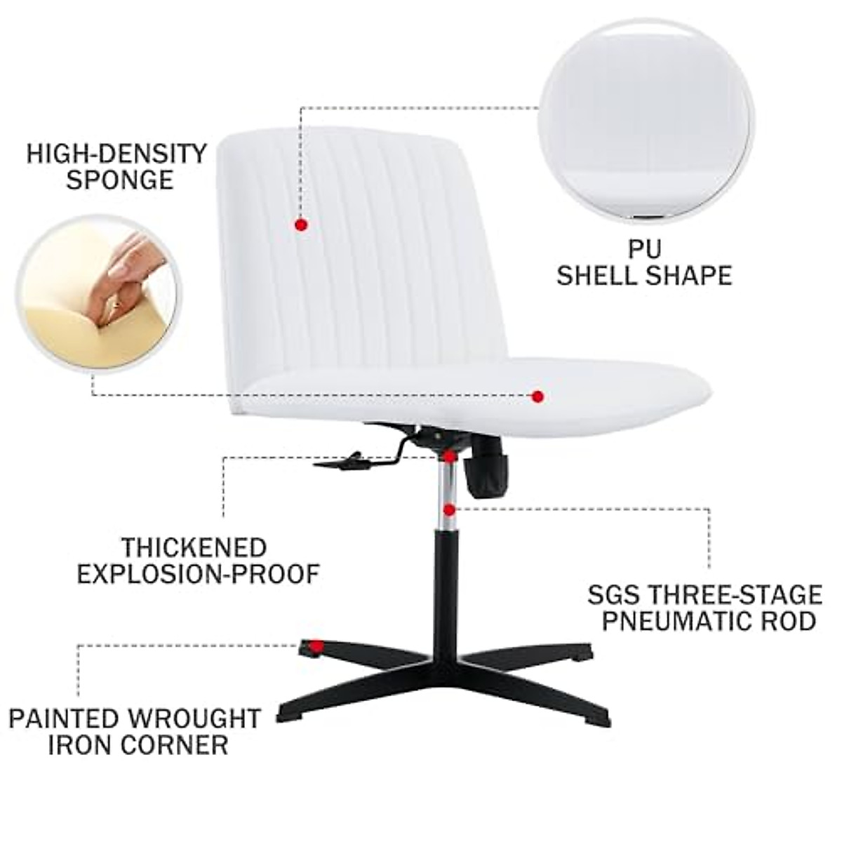 Daesar White High Grade Pu Material. Home Computer Chair Office Chair Adjustable 360 ° Swivel Cushion Chair with Black Foot Swivel Chair Makeup Chair Study Desk Chair. No Wheels