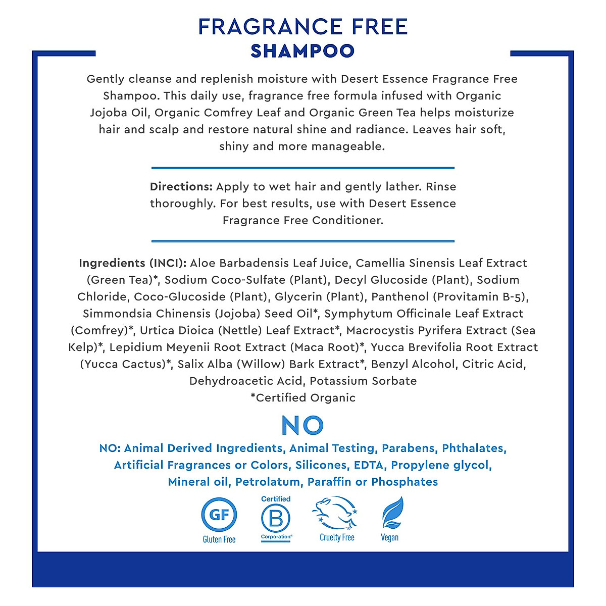 Desert Essence Organic Fragrance Free Shampoo - 8 fl oz - 2 Pack - Pure, Unscented - w/Aloe Vera, Jojoba Oil, Pro-Vitamin B5 - Calms, Soothes Sensitive Scalp - Nourishing, Revitalizing - No Parabens