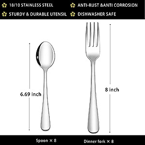 Spoons and Forks Set, Set of 16 Top Food Grade Stainless Steel Forks and Spoons Silverware Set,Kitchen Utensil Set of Forks (8 Inch) and Spoons (6.69 Inch) Cutlery Set, Mirror Finish & Dishwasher Safe
