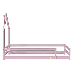 Twin Size Platform Bed, Wooden Platform Bed Frame with House-Shaped Headboard, Floor Bed with Fences for Kids Boys Girls Bedroom (Pink 01)