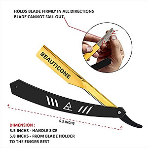BEAUTICONE Straight Razor | Professional Barber Razor for men with 100 Single Edge Blades | Straight Edge Razor │slide-out design (Black and Gold Slide-out Razor)