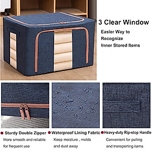 Large Capacity Clothes Storage Bags,Stackable Storage Organizer with Foldable Metal Frame, Zipper, Handles, Clear Window, Navy, 3 Pack)