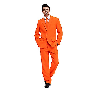 U LOOK UGLY TODAY Men's Party Suit Solid Color Prom Suit for Themed Party Events Clubbing Jacket with Tie Pants Fluorescent Orange-Large