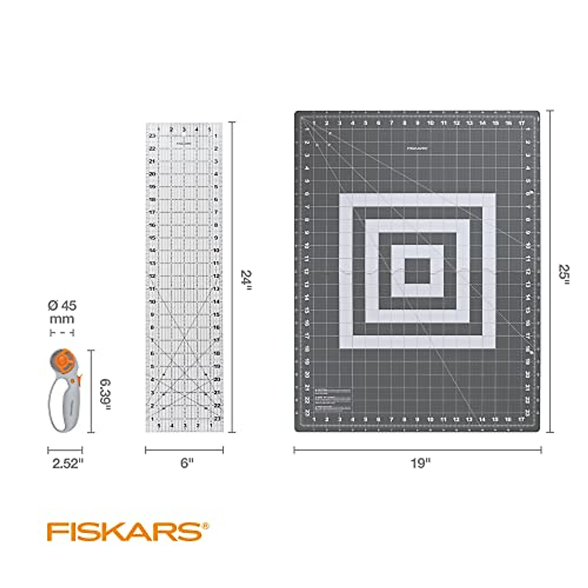 Fiskars 3 Piece Rotary Cutter Set, 45 mm Blade Rotary Fabric Cutter, Fabric Cutting Mat, Ruler for Sewing, Crafts, White/Grey