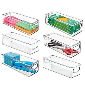 mDesign Small Plastic Office Storage Container Bins with Handles for Organization in Filing Cabinet, Closet Shelf, or Desk Drawers, Organizer for Notes, Pens, Pencils, Ligne Collection, 6 Pack - Clear