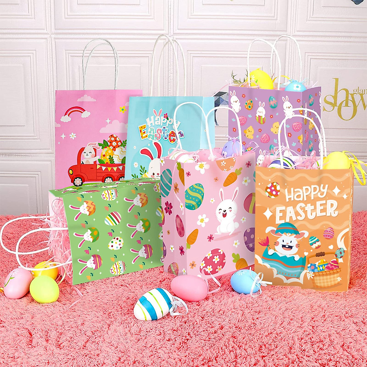 24PCS Easter Treat Bags with Handles, Easter Bags for Treats, Easter Party Favor Bags, Easter Gift Bags, Easter Egg Hunt Bags Decorated with Happy Easter Bunny and Chicks Pattern for Kids Spring Party