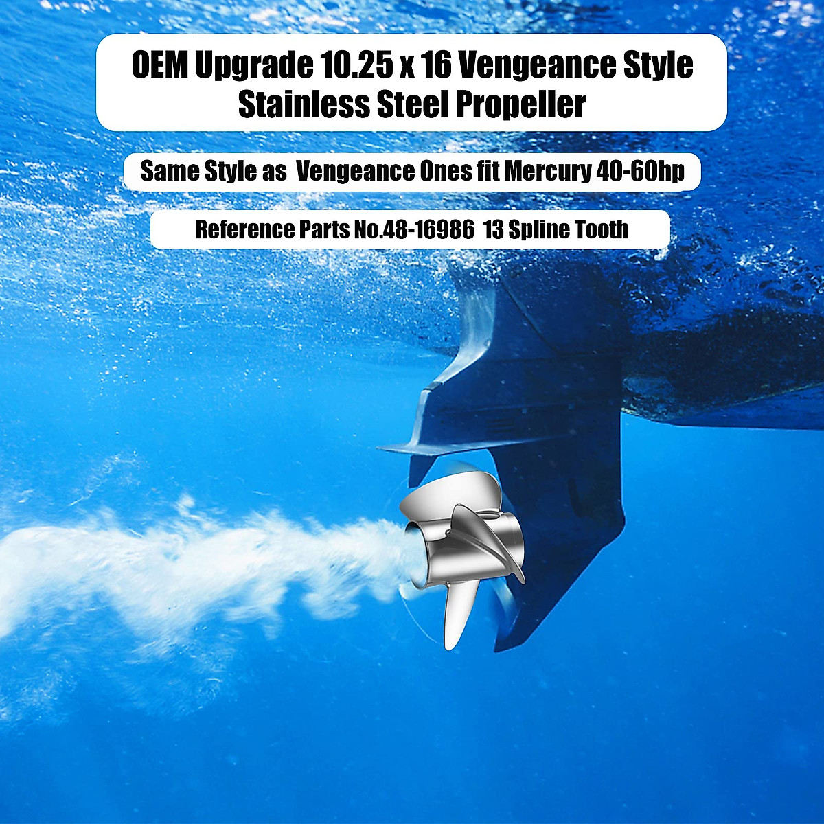 Qiclear OEM Upgrade 10.25 x 16 Vengeance Style Stainless Steel Outboard Propeller for Mercury Engines 40-60 HP Reference No.48-16986, 13 Spline Tooth, RH