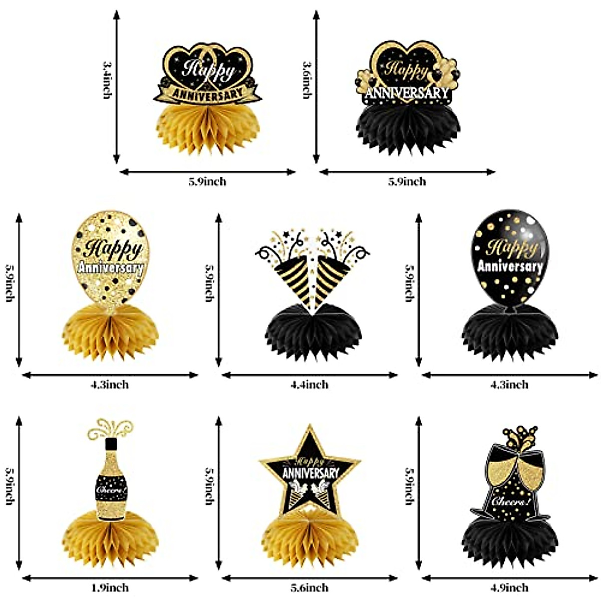 8Pcs Happy Wedding Anniversary Decorations Table Honeycomb Centerpieces, Anniversary Theme Party Supplies for Adult, Black Gold 10th 20th 30th 40th 50th 60th Anniversary Table Sign Decor