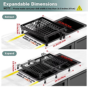 MOUKABAL Expandable Dish Drying Rack-Over Sink&Dish Drainer Holder for Kitchen Counter,Space-Saving Kitchen Organizer with Large Capacity,Matte Black, Stainless Steel