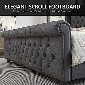 AMERLIFE Queen Size Platform Bed Frame, Velvet Upholstered Sleigh Bed with Scroll Wingback Headboard & Footboard/Button Tufted/No Box Spring Required/Grey