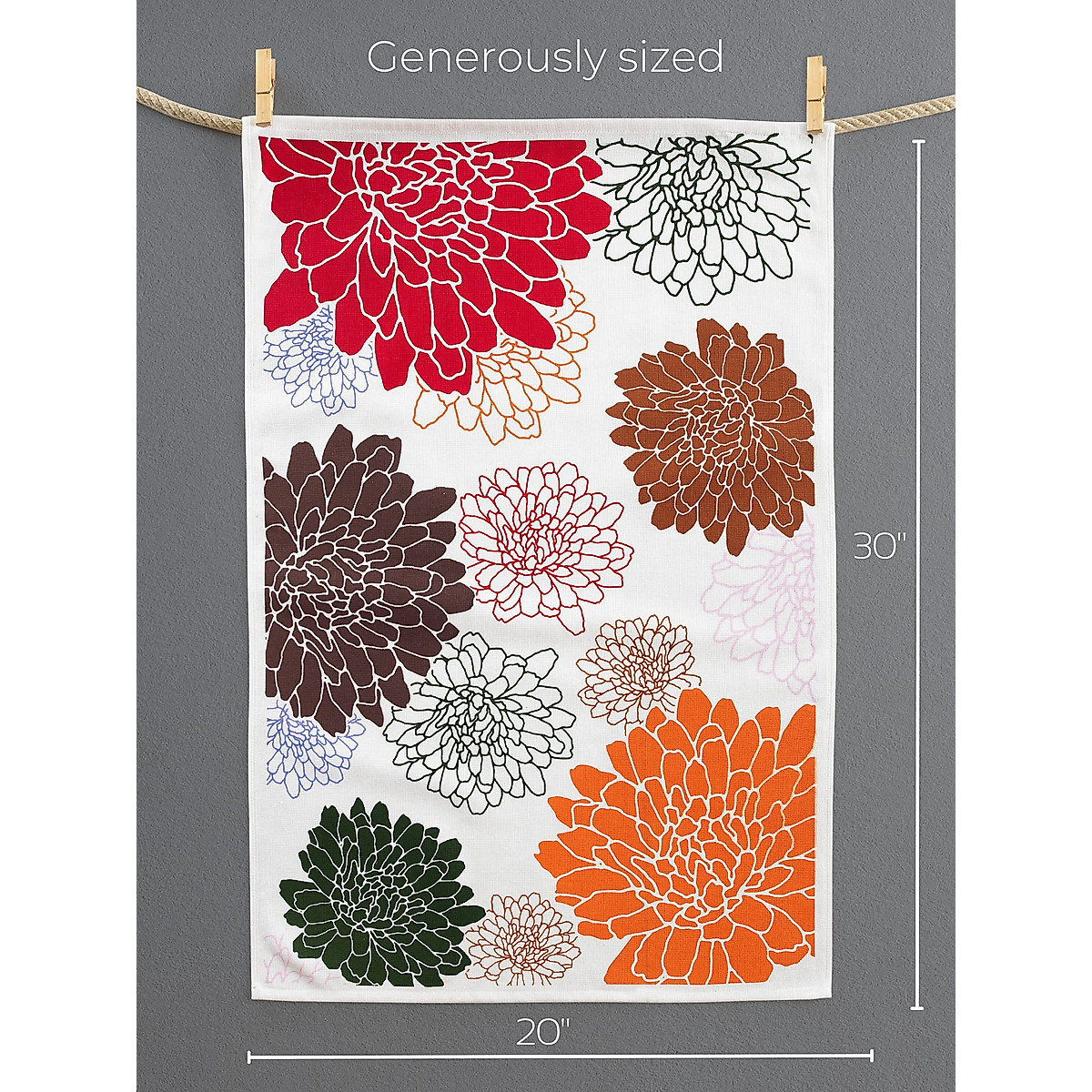 Kitchen Towels - 2-Piece Set of Absorbent Cotton Dishcloths (20x30 in), Durable & Oversized Farmhouse Design with Elegant Floral Pattern, Hanging Loop for Easy Hand & Dish Drying - White