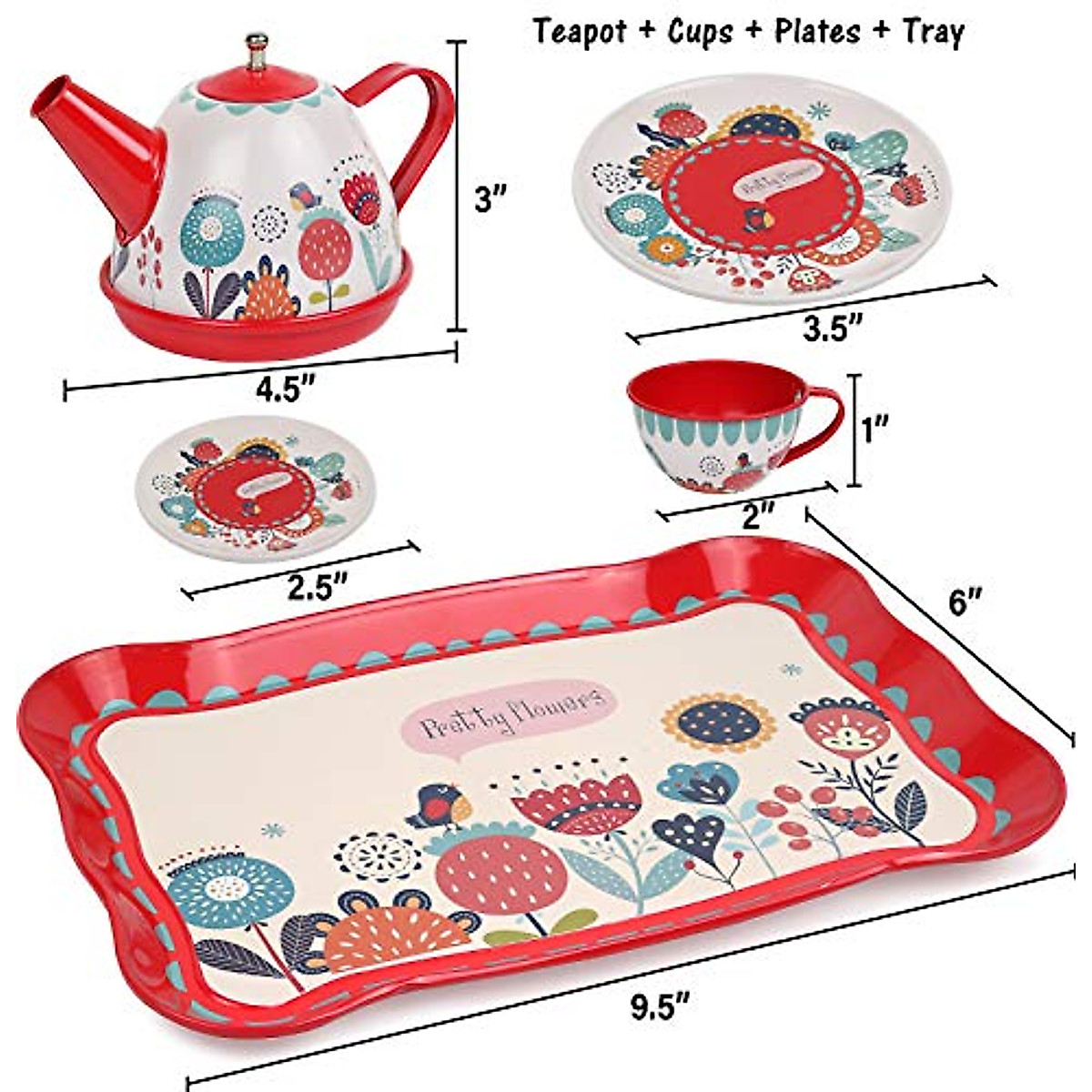 Tea Set for Little Girls, Pretend Play Tea Party Set, Floral Design Kids Tin Tea Set with Carrying Case (15 Pcs)