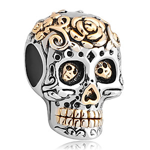 Fit Pandora Charms Silver Plated Dia De Los Muertos Skull Charm Bead (4.8-5mm), 14.9mm