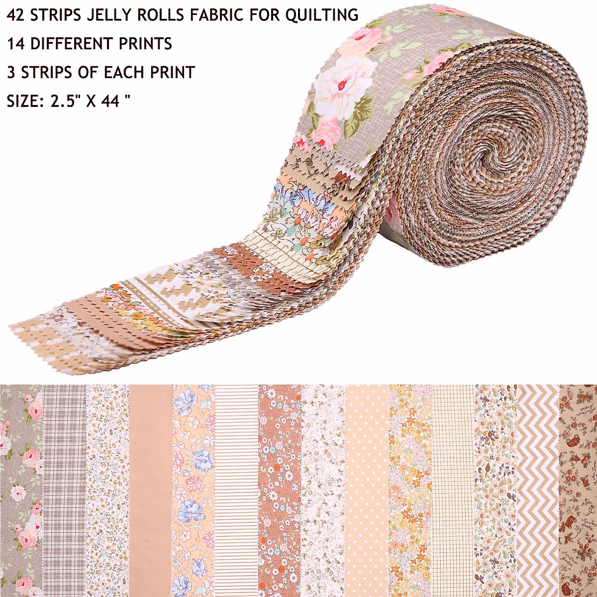 42 Jelly Roll Fabric 2.5" x 44" | Cotton Strips Bundles - Jelly Rolls for Quilting Assortment Fabrics - Precuts Cloth Quilts - Light Coffee