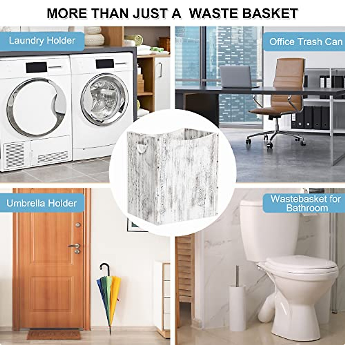 Office Trash Can, Rustic Waste Basket Set 2 Pack Wood Trash Can Farmhouse Style Wastebasket, 5.28 Gallon Garbage Bin with Handle for Living Room Bedroom Bathroom Trash Can (2, Rustic White)