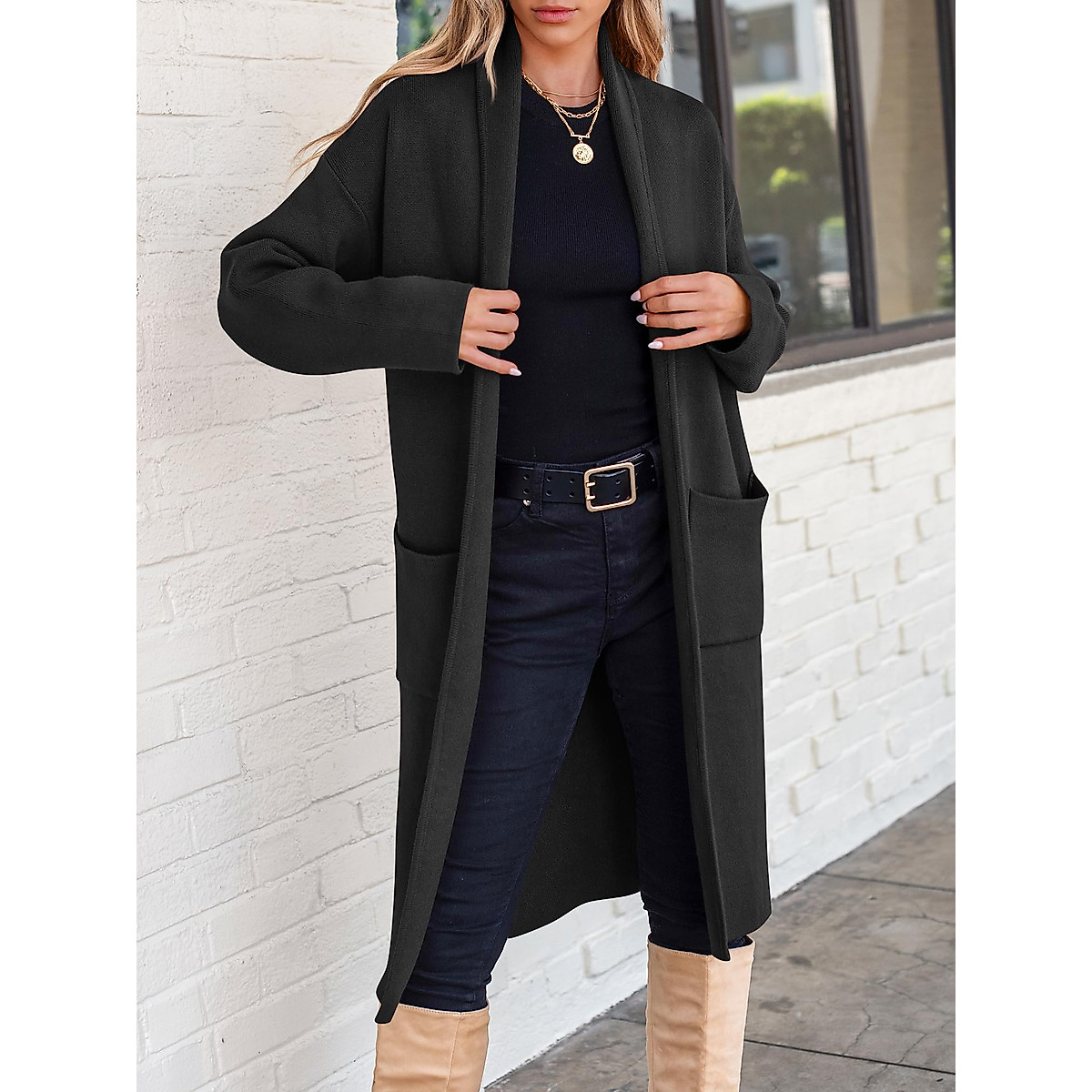 ANRABESS Women's Cardigan Long Sweater Oversized Open Front Knit Duster Coat 2025 Trendy Lady Fall Coatigan Outerwear Black 934heise-XL