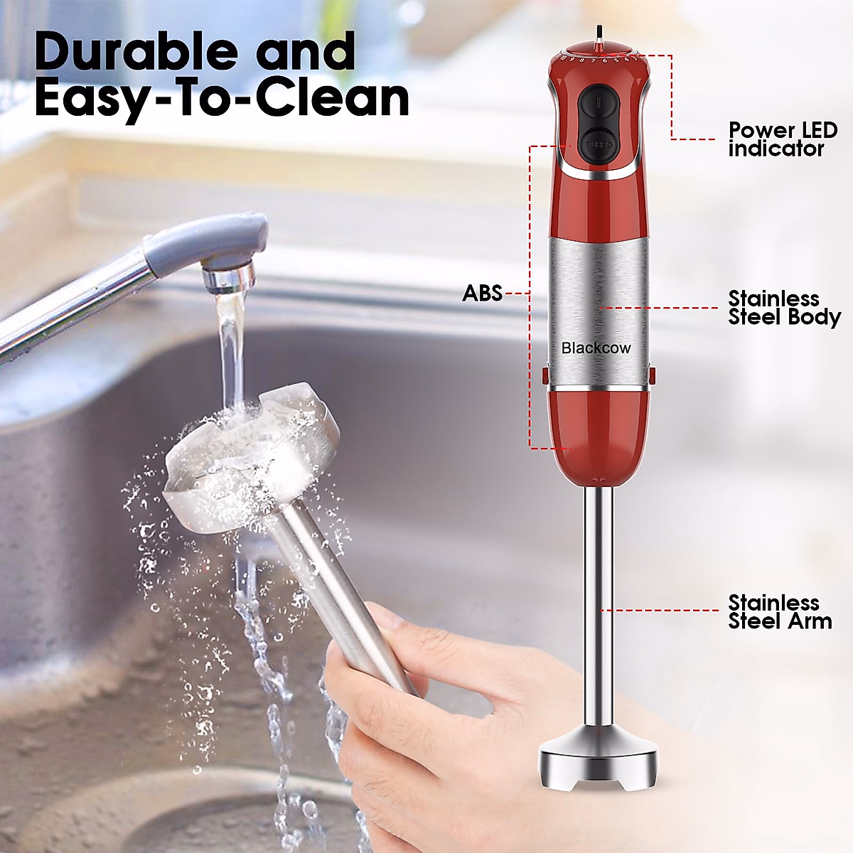 Blackcow Powerful Immersion Blender 3.0, BPA-Free, 800W Electric Hand Blender with 12-Speed&Turbo, Stick Blender for Soup, Smoothie, Puree, Detachable Base, 304 Stainless Steel 3D Blades, Red