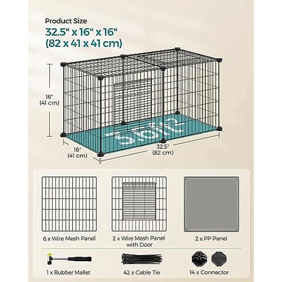 SONGMICS Small Animal Playpen, Pet Cage with Top and Base, 2 Doors, Easy to Clean, Metal Wire Guinea Pig Pen for Hamsters, Hedgehogs, L, 32.5 x 16 x 16 Inches, Black ULPI009B01