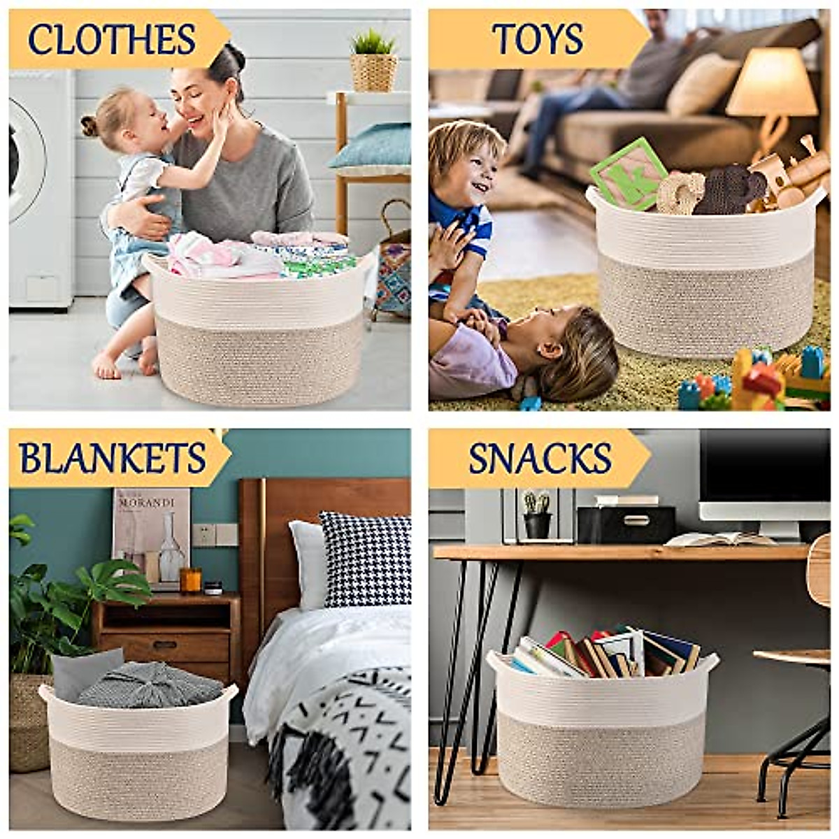 AOSION Large Cotton Rope Basket 22" x 22"x14" Extra Large Storage Baskets, Woven Laundry Basket for Blankets, Nursery Toy Basket with Handles, Blanket Basket for Living Room (Brown)