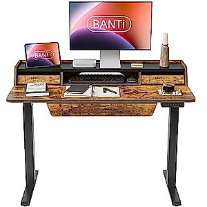 BANTI Height Adjustable Electric Standing Desk with Three Drawers, 48 x 25 Inch Table with Storage Shelf, Sit Stand Desk with Storage Space, Splice Board with Black Frame/Rustic Brown Top