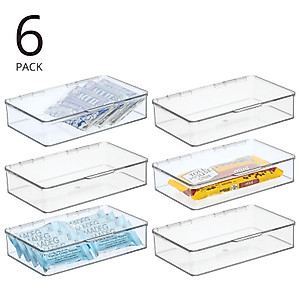 mDesign Plastic Kitchen Pantry and Fridge Storage Organizer Box Containers with Hinged Lid for Shelves or Cabinets, Holds Food, Snacks, Canned Drinks, Seasoning, Condiments, or Utensils, 6 Pack, Clear