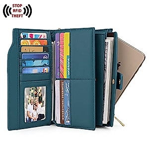 UTO Wallets for Women Wristlet RFID Large Capacity PU Leather Clutch Card Holder Organizer Ladies Purse Strap 459 Indigo