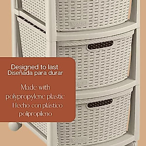 Plastic chest of drawers with 3 colored drawers, Drawer organizer 25in x 15.35in x 13in, Structure with sliding wheels, Drawers with modern design, Storage.