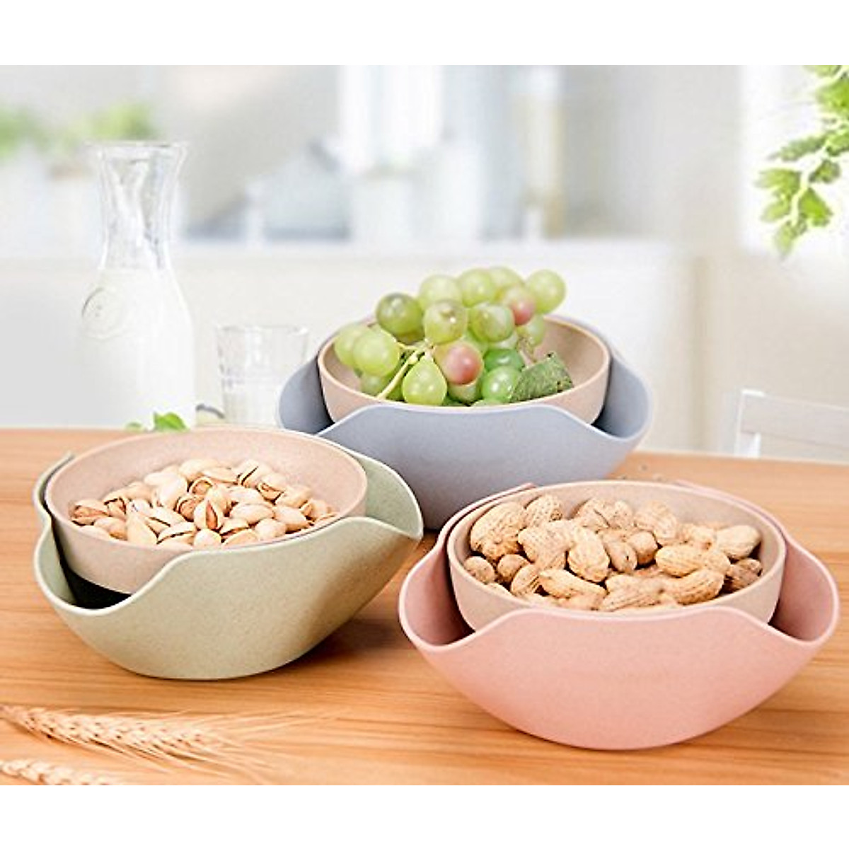 Bamboo's Grocery Double Dish Snack Bowl For Pistachios, Peanuts, Edamame, Cherries, Nuts, with Shell Storage (Green)