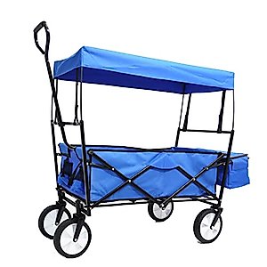 Wagon Cart with Wheels Foldable,Utility Garden Cart with Canopy,Outdoor Utility Wagon with Heavy-Duty Steel Frame,Collapsible Wagon,Red+Beige Trolley Cart Carry up to 150 Pounds (Blue)