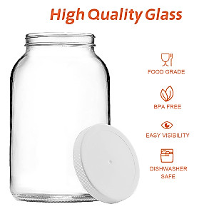 Artcome 4 Pack Glass Jar Set - 2pc 1 Gallon Glass Jar Wide Mouth with 2pc Airtight Plastic Lids, 2pc 16oz Glass Jar with 2pc Silver Metal Lids for Fermenting, Kimchi, Kefir, Kombucha, Storing, Canning