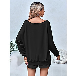 Fisoew Womens 2 Pieces Pajama Sets Long Sleeve Crop Top and Wide Leg Pants Set Black