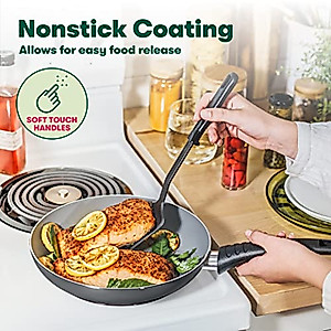 BELLA 21 Piece Cook Bake and Store Set, Kitchen Essentials for First or New Apartment, Assorted Non Stick Cookware, 9 Nylon Hassle-Free Cooking Tools, 5 Glass Storage Bowls w Lids, BPA & PFOA Free