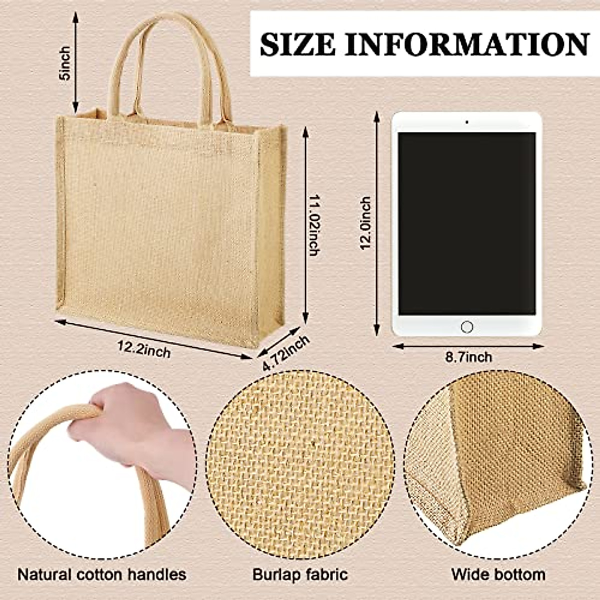 Shappy 8 Pack Burlap Tote Bags with Handles, Jute Grocery Bags with Laminated Interior for Wedding (12.2 x 11 x 4.7 Inch)