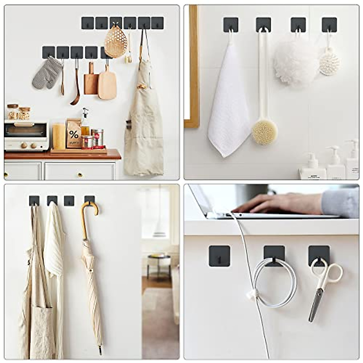 VIS'V Adhesive Hooks, Black Self Adhesive Shower Wall Hooks Waterproof Stainless Steel Stick on Hooks Heavy Duty Kitchen Bathroom Sticky Hooks for Towel Loofah Key Cup Hat Coat - 4 Pcs