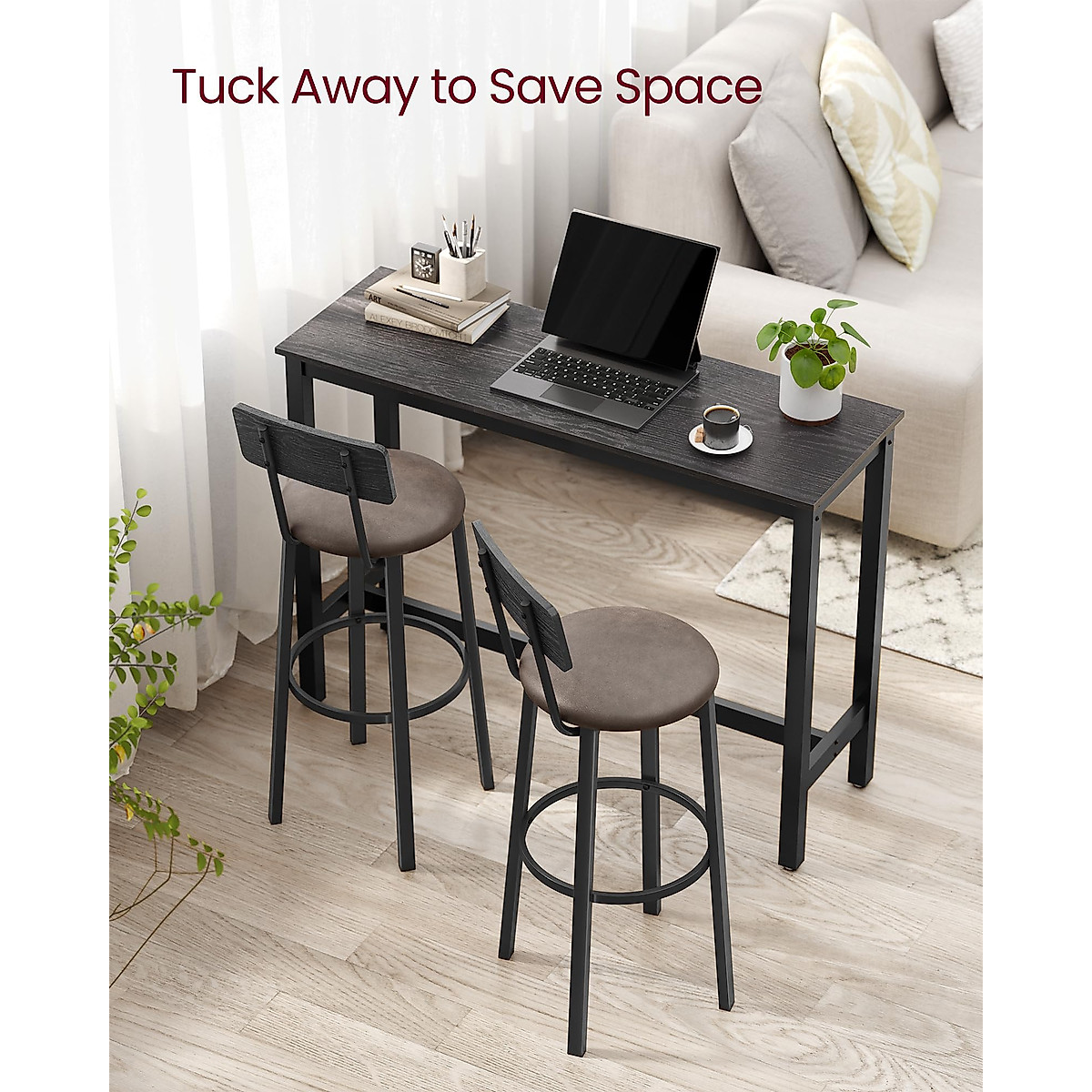 VASAGLE Bar Stools, Set of 2 PU Upholstered Breakfast Stools, 29.7-Inch Barstools with Back and Footrest, Simple Assembly, for Dining Room Kitchen Counter, Classic Black and Coffee Brown ULBC069B82