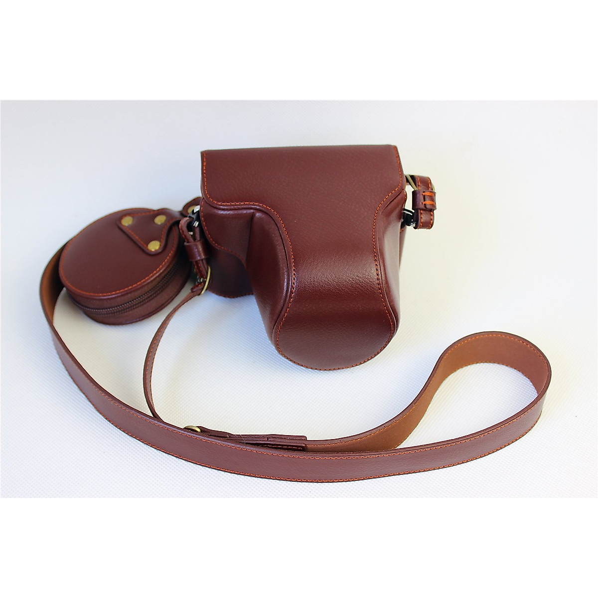 Olympus Pen-F Case, BolinUS Handmade Genuine Real Leather Fullbody Camera Case Bag Cover for Olympus Pen-F Bottom Opening Version with Neck Strap - Brown
