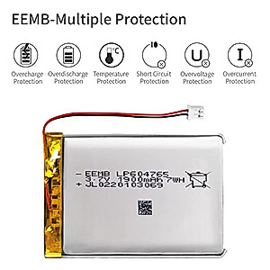 EEMB Lithium Polymer Battery 3.7V 1900mAh 604765 Lipo Rechargeable Battery Pack with Wire JST Connector for Speaker and Wireless Device- Confirm Device & Connector Polarity Before Purchase