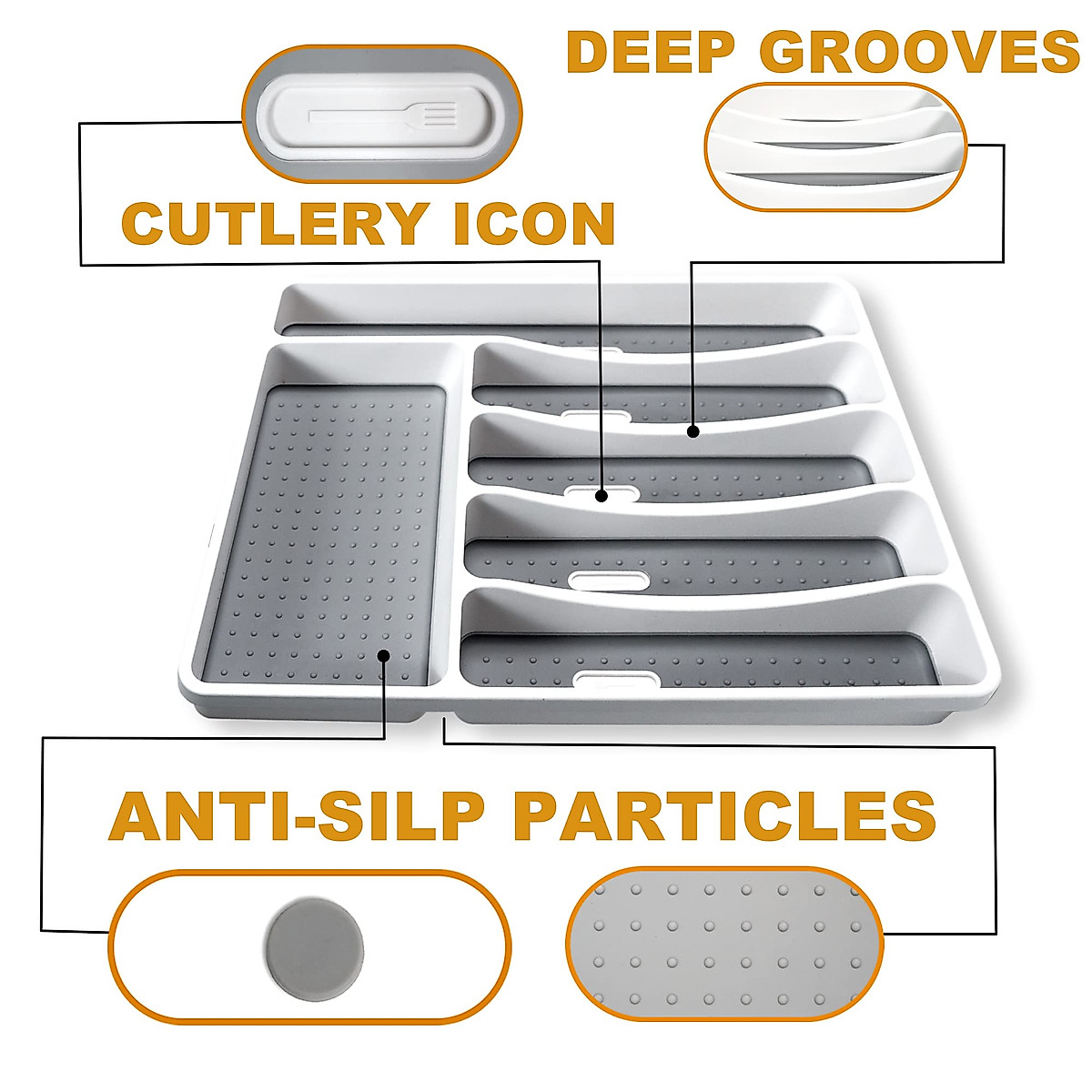 Bellsal Silverware Organizer 6 Slots Silverware Tray for Drawer Utensil Organizer Cutlery Flatware Organizer for Kitchen Plastic