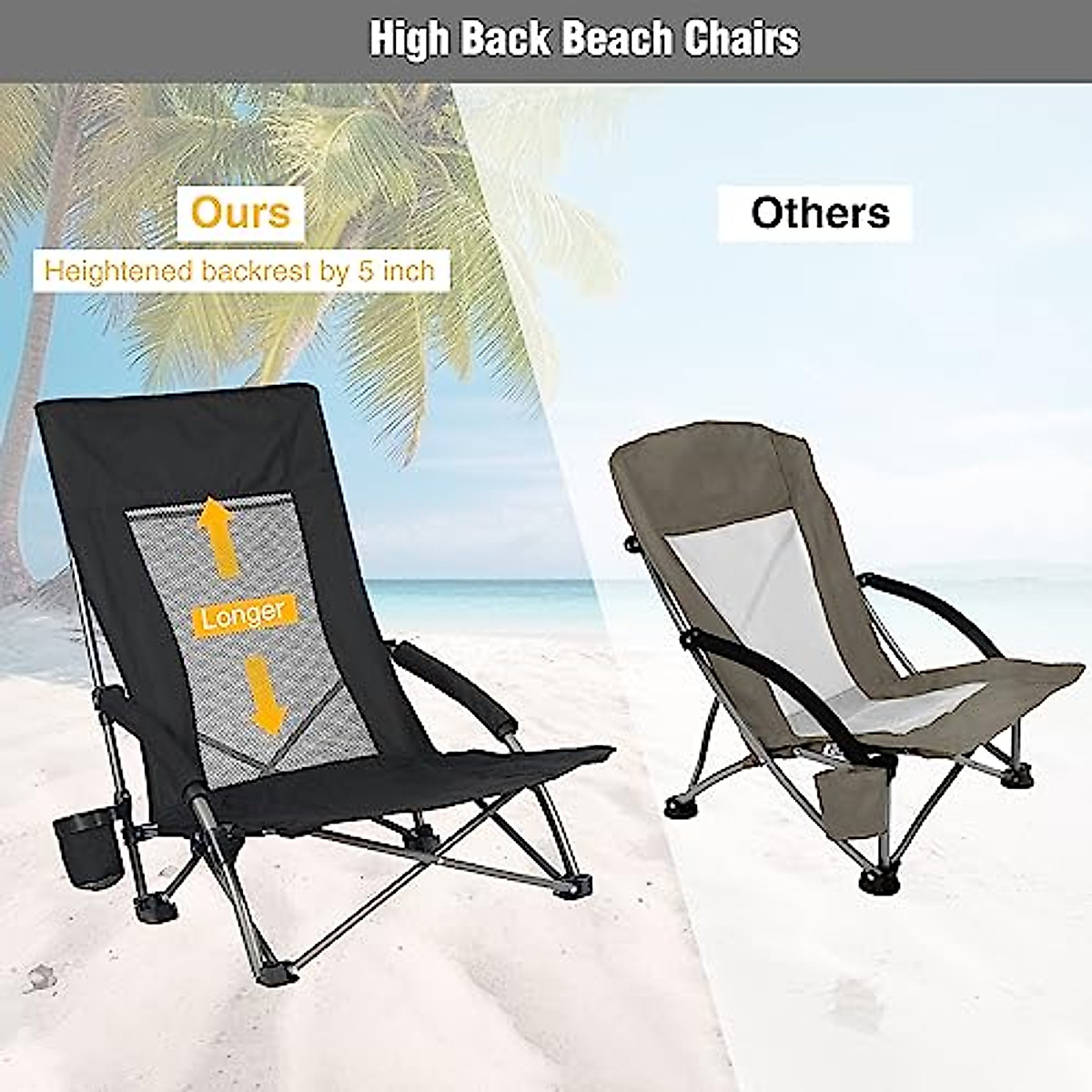 REDCAMP High Back Beach Chairs for Adults, Oversided Folding Low Beach Chairs for Concerts, Lightweight Portable for Camping Backpacking Outdoor Sports Events, Black