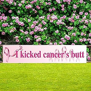 GENERC Large I Kicked Cancer's Butt Banner, Pink Ribbon Party Sign Decoration Hope Strength Courage Faith Backdrop for Breast Cancer Awareness Party Decoration Supplies - 118'' x 19.7''