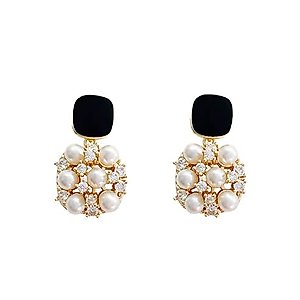AYNN 18k Gold Plated Black Square Cubic Zircon Pearl Drop Dangle Earring Jewelry Hypoallergenic