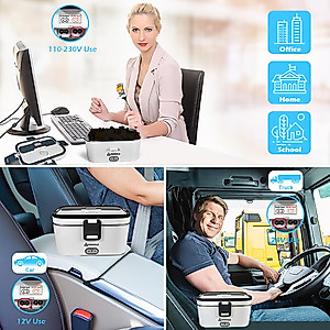 PHIWILLS 80W Electric Lunch Box 1.8L Container Food Warmer Heater, 12V/24V/110V Heated Lunchbox for Car/Truck/Work with 0.45L Compartment, Stainless Steel Spoon & Fork, Insulated Bag