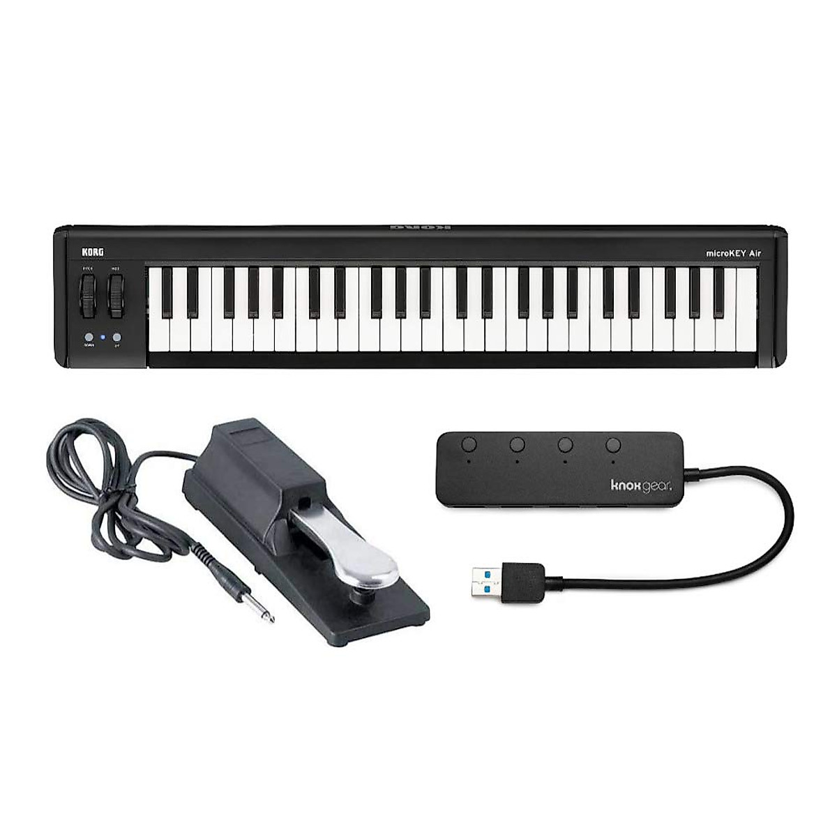 Korg microKEY Air 49-Key Bluetooth MIDI Controller Bundle with Sustain Pedal and 4-Port USB Hub (3 Items)