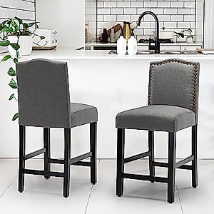 LSSBOUGHT Counter Stools, 24 inches Upholstered Bar Chairs with Solid Wood Legs and Nailed Trim Set of 2(Gray)